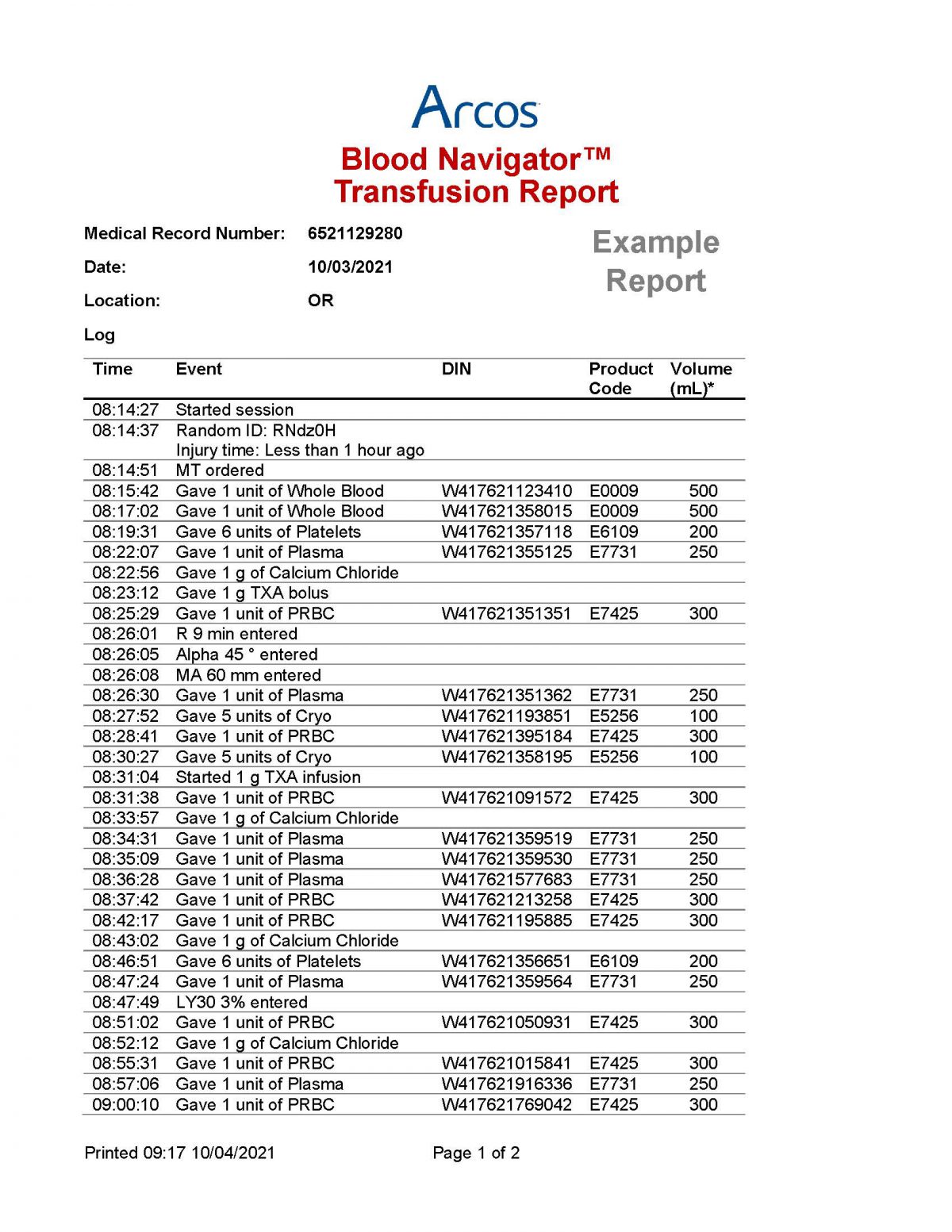 Example Transfusion Report - Arcos